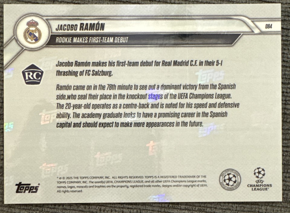 2024-25 TOPPS NOW UEFA RC REAL MADRID JACOBO RAMON #84 Green Parallel ...