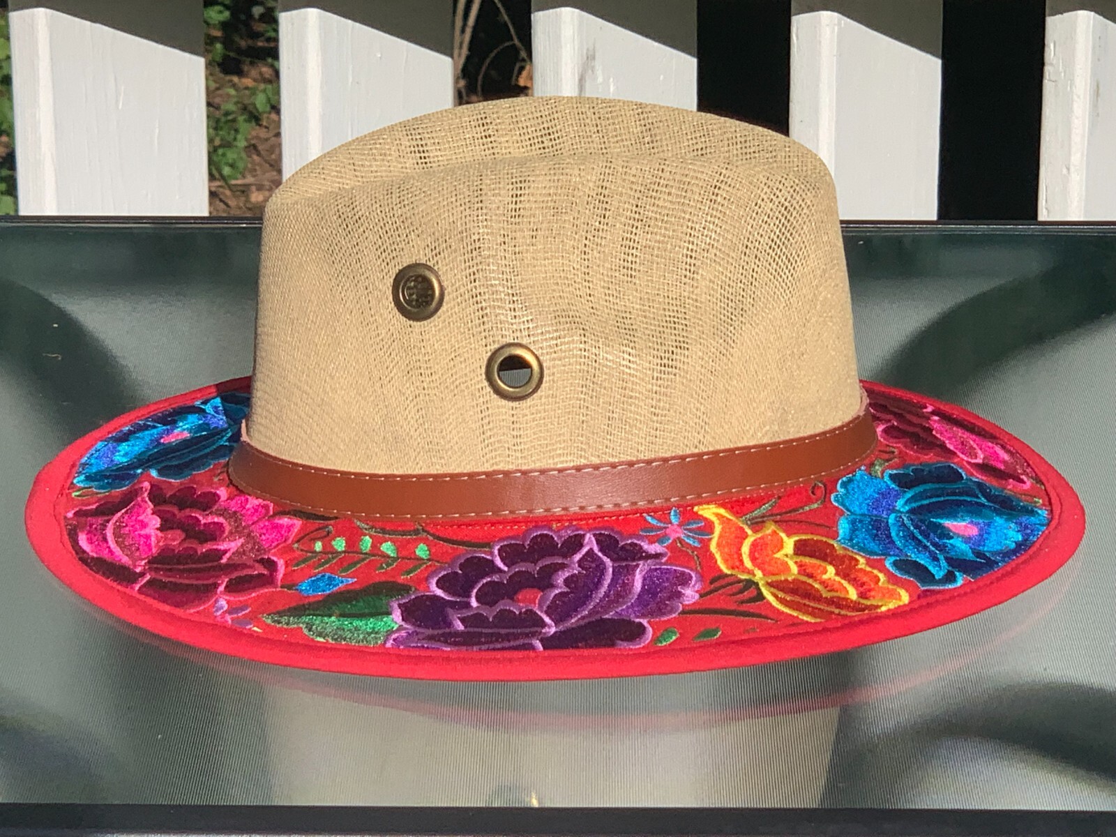 Mexican Artisenal Fedora Jute Hat Floral Stitching Natural / Tan M D4 ...