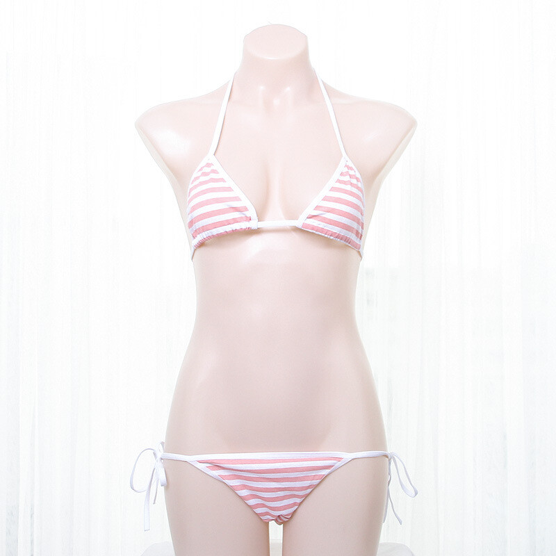 Anime Style Stripe Lingerie Bra Set String Tie Cosplay Bikini Sukumizu ...
