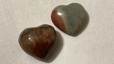 2x Red Brown Orange Polychrome Jasper Crystal Carved Reiki Heart Palm ...