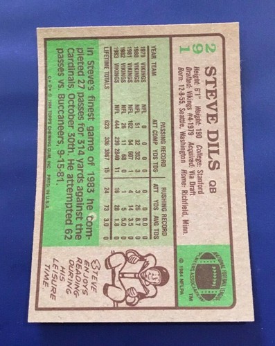 1984 Topps # 291 STEVE DILS ROOKIE Minnesota Vikings STANFORD Great ...