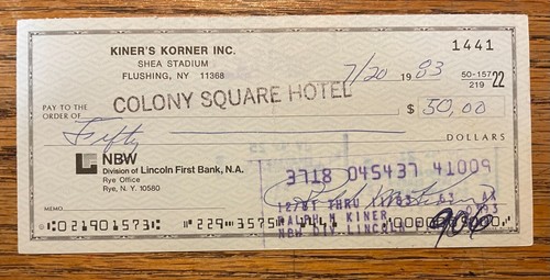 New York Mets Shea Stadium Ralph Kiner autographed check from Kiner's ...