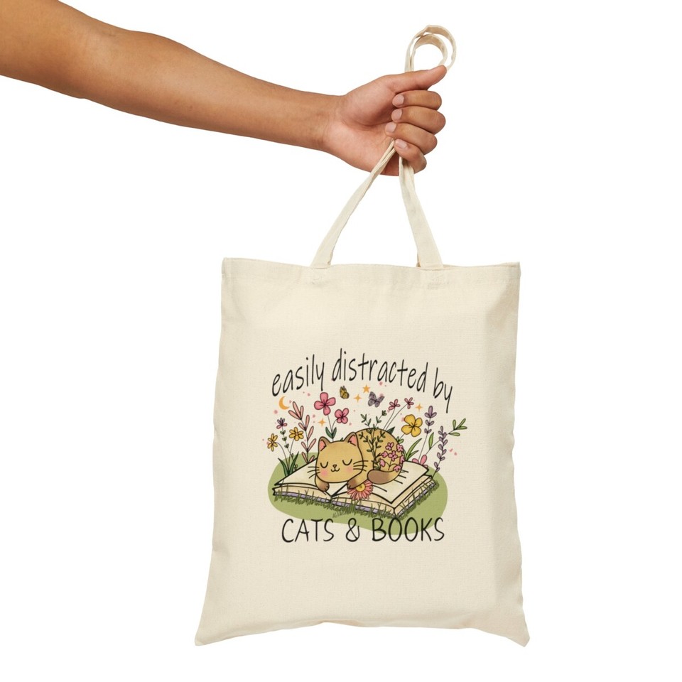 Cat and Books Tote Bag Beige Canvas Shopping Shcool Work Eco Bag | eBay
