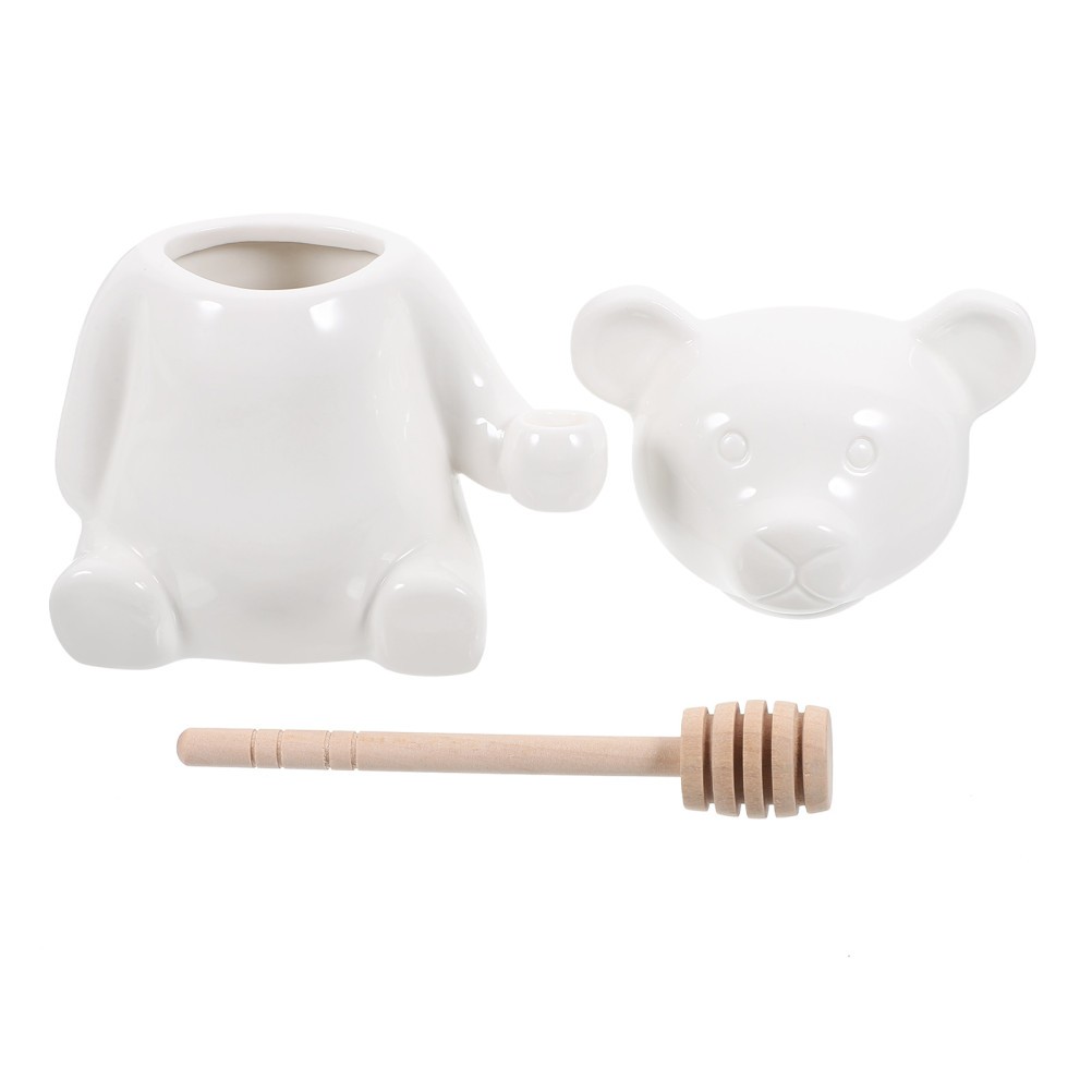 1 set of Ceramic Bear Honey Jar with Wood Dipper Stick Cartoon Honey ...