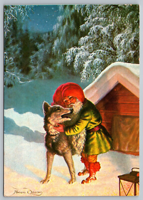 Postcard Artist Signed Anders Olsson Gnome Nome Hugging Wolf Cyote Dog ...