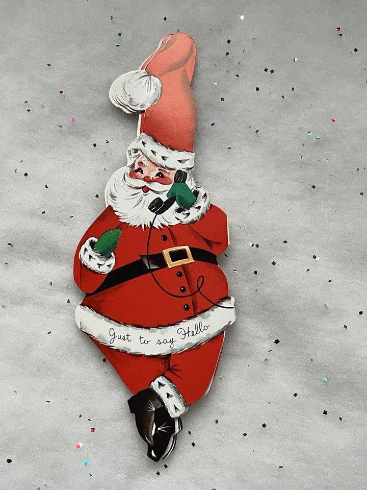 Vtg Santa Talking On die cut Greeting Christmas Card Cardinal Creations ...