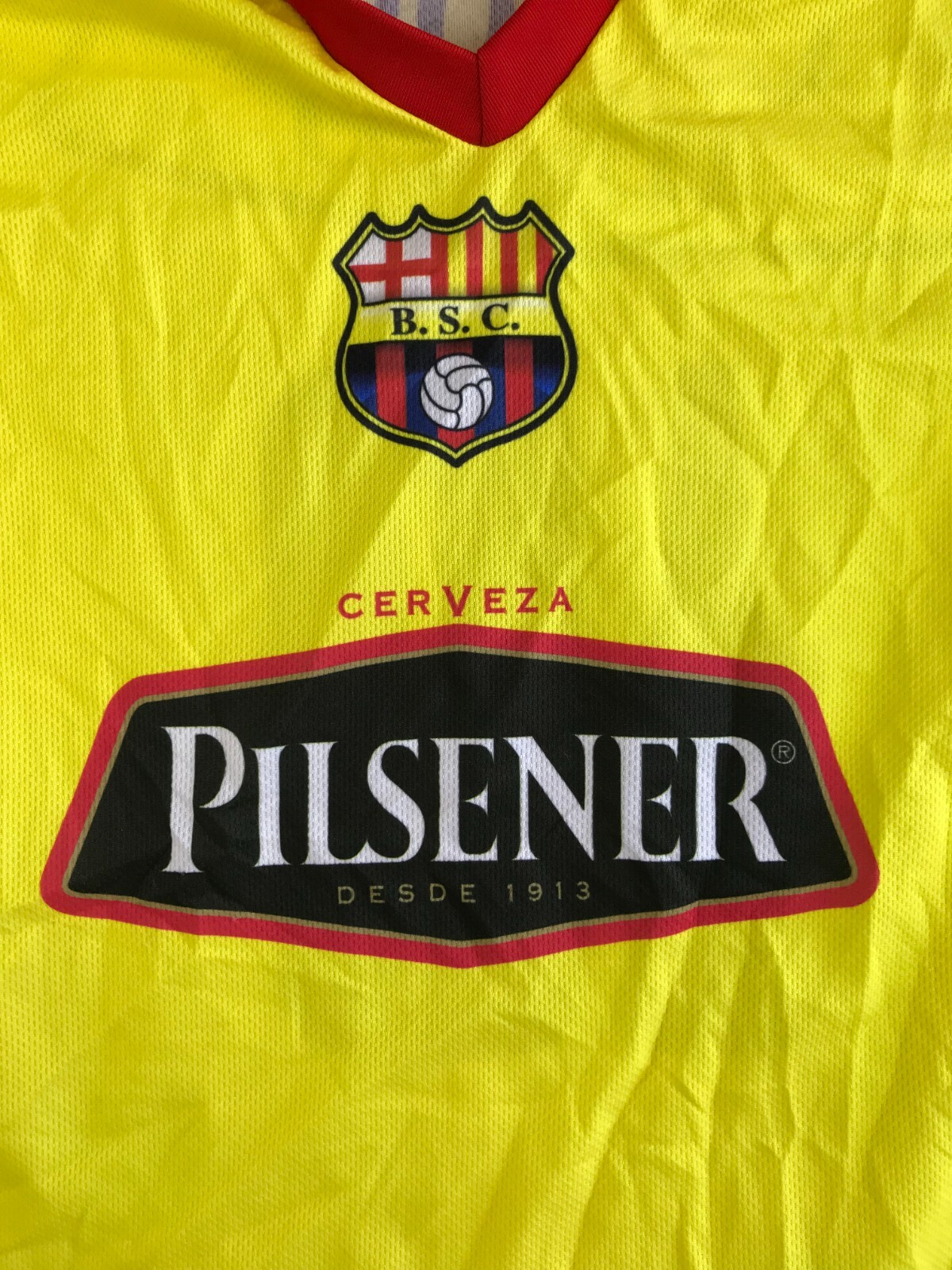Barcelona BSC Pilsener Jersey Adult Yellow Soccer Short Sleeve V-Neck ...