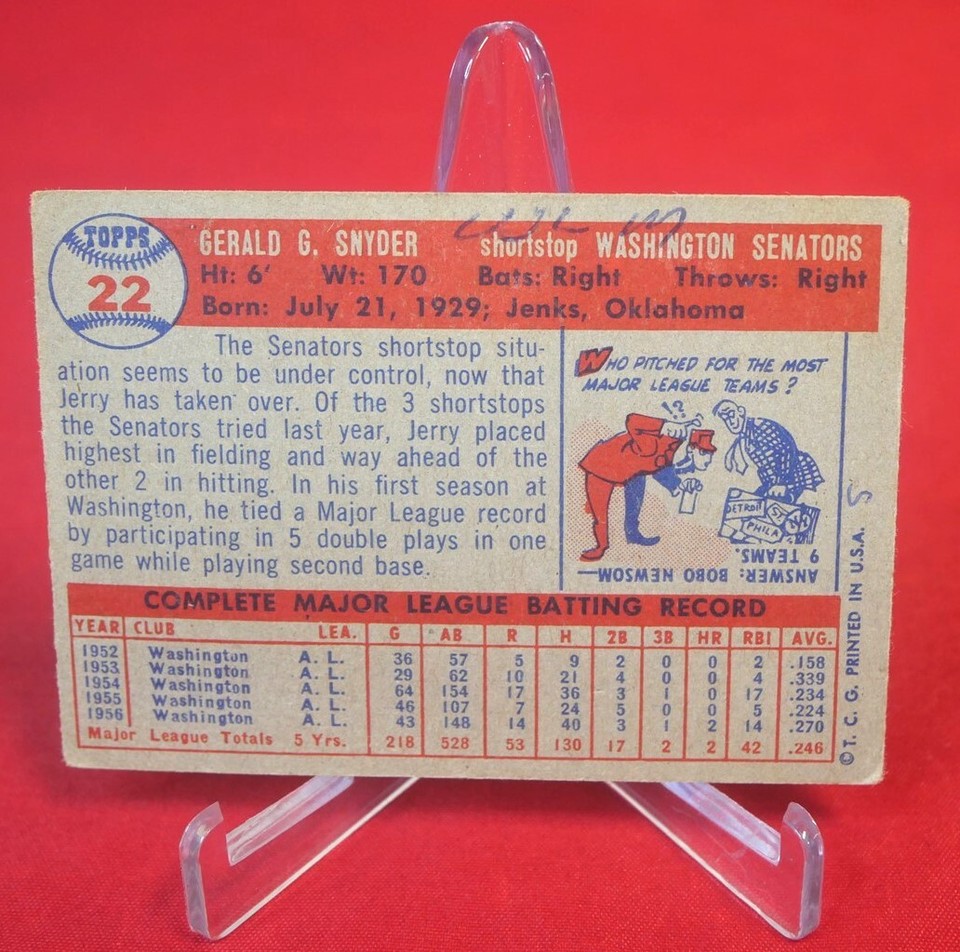 Jerry Snyder 1957 TOPPS Baseball Card #22 VG-EX | eBay