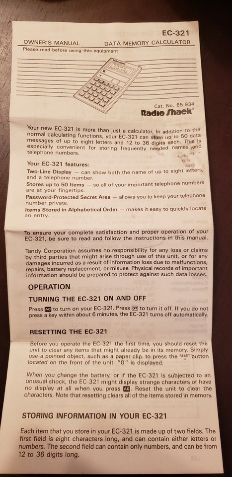 RADIO SHACK EC 321 Pocket Calculator Complete UNTESTED PROP ITEM ...