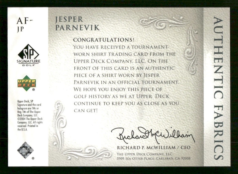 2004 SP Signature Jesper Parnevik Authentic Fabrics MEM #AF-JP Card | eBay