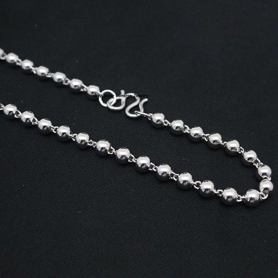 Pure S925 Sterling Silver Chain Men 6mm Smooth Beads Link Necklace 21 ...