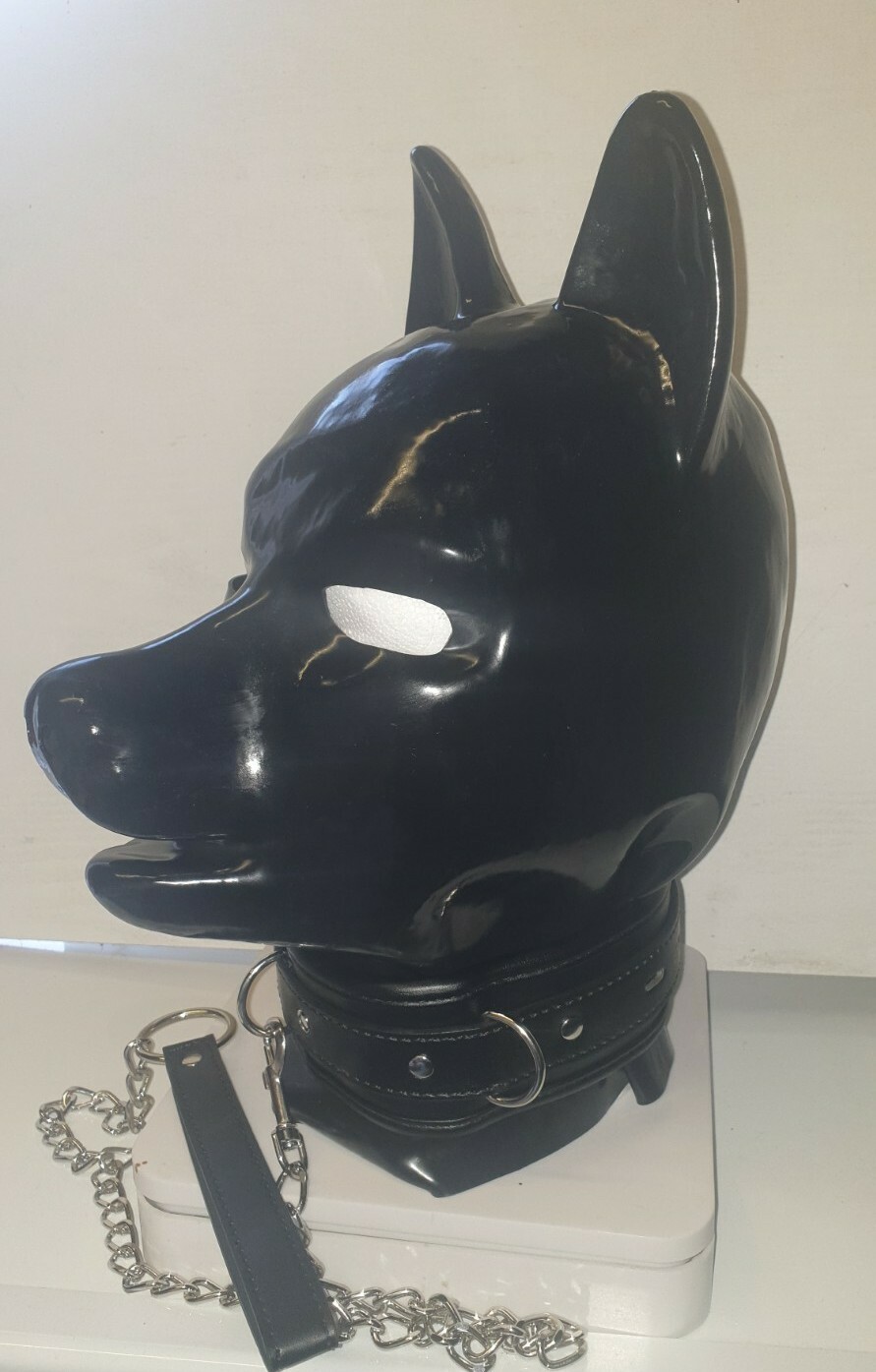 BLACK LATEX PUPPY HOOD RUBBER DOG FETISH BONDAGE MASK + COLLAR CHAIN ...