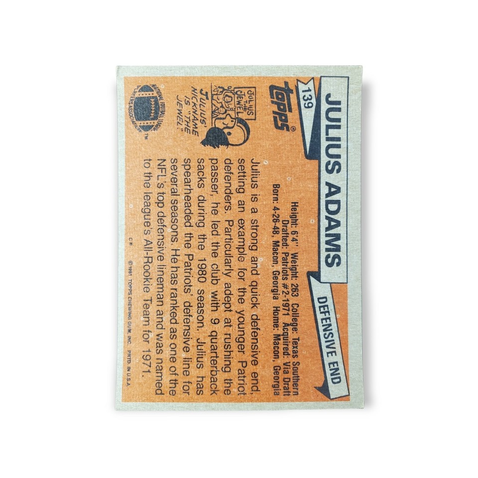 1981 Topps Football Julius Adams Card #139 New England Patriots Trading ...