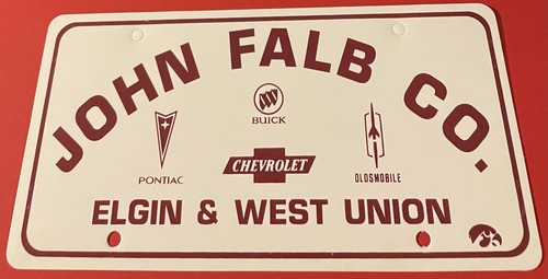 John Falb Co Chevy Dealer Booster License Plate Elgin West Union THIN ...