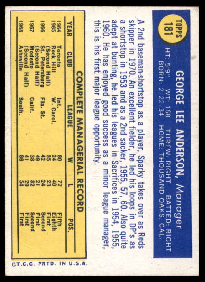 Sparky Anderson MG Card 1970 Topps #181 | eBay