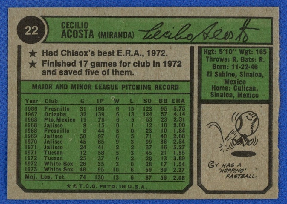 1974 Topps Baseball Set Break # 22 Cy Acosta Chicago White Sox # 22 VG ...