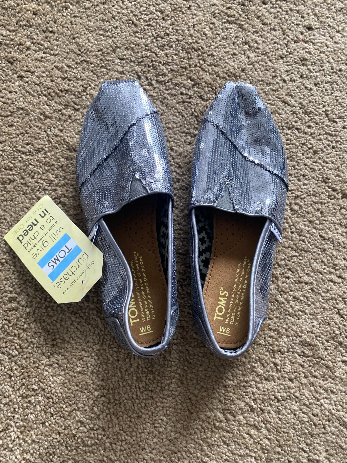 TOMS | Pewter Sequin Classics Flats Slip On Womens Shoes Size W6 | eBay