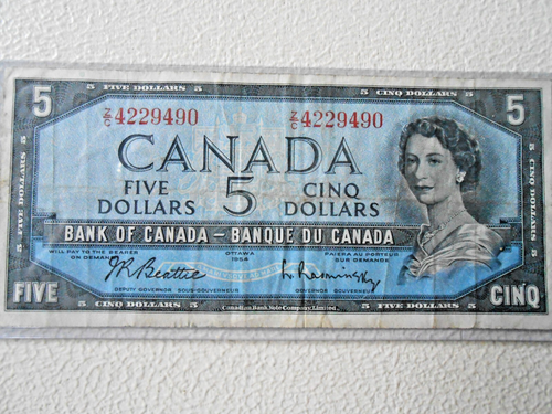1954 fIVE DOLLAR CANADIAN 5$ BANK OF CANADA CIRC NICE NOTE IN PLASTIC ...