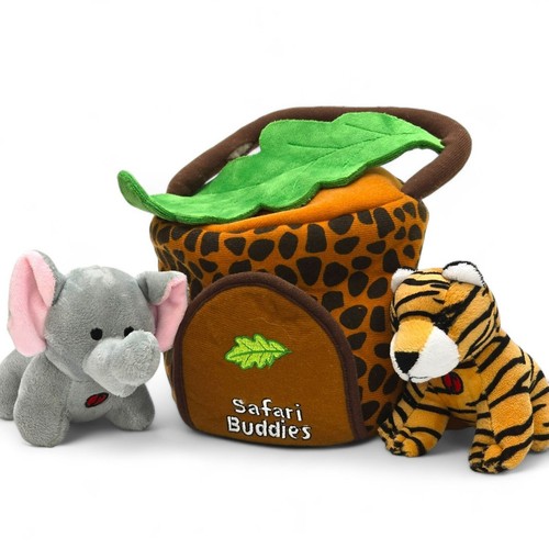 Kleeger Safari Buddies Plush Tree Hut & 2 Jungle Animals Tiger Elephant ...