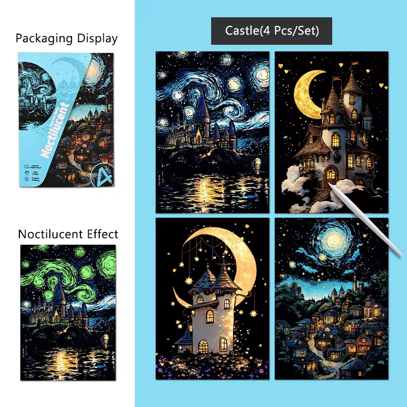 4 Pcs/Set A5 Noctilucent DIY Scratch Painting Castle Lanscape Cute ...