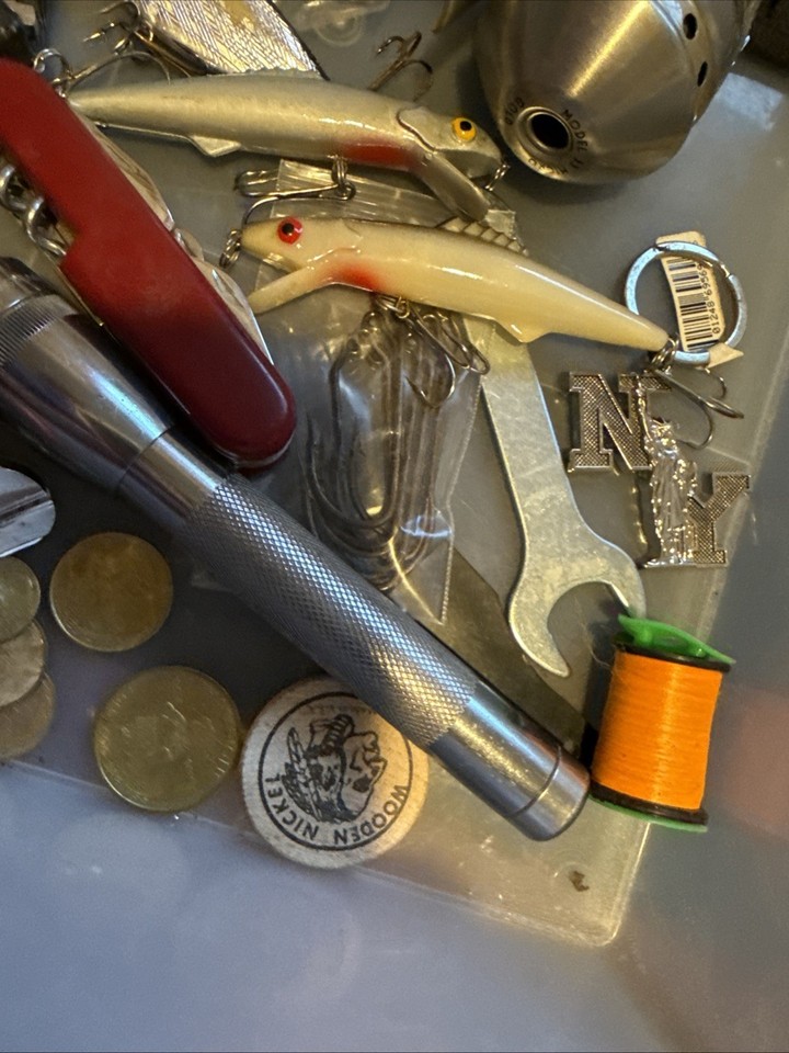 Junk Drawer Mixed Lot Of Knives Mag Lite Lures, Horns, Coins | eBay