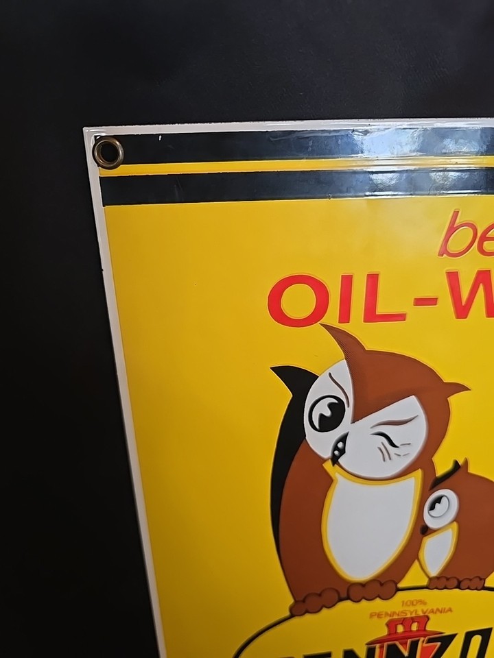 VINTAGE PENNZOIL PORCELAIN SIGN OWL WISE GAS Service STATION OIL Pump ...