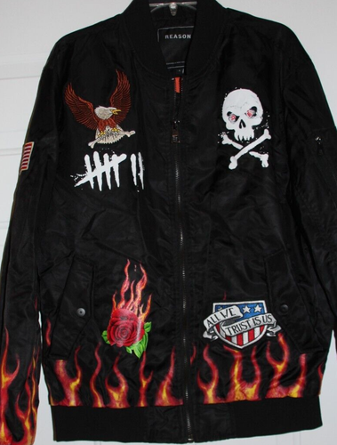 Reason Skull Rose Flames Graphic & Embroidered Bomber Jacket Size L | eBay