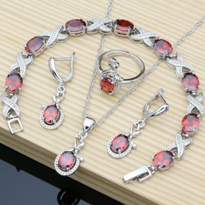 Magnificent 4 pc 925 Sterling Silver Created Red Ruby Jewelry Set | eBay