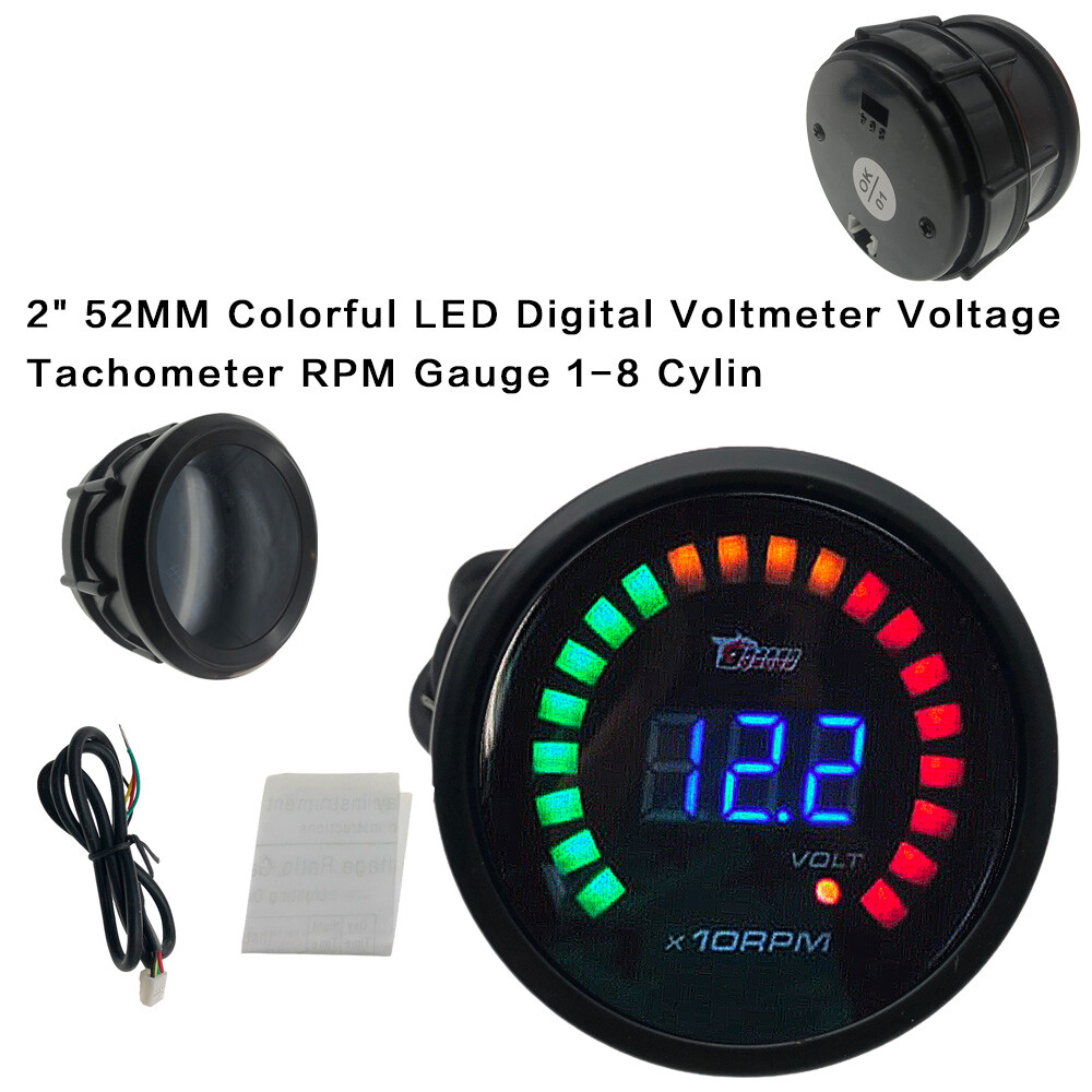 2" 52MM Colorful LED Digital Voltmeter Voltage Tachometer RPM Gauge 4,6 ...