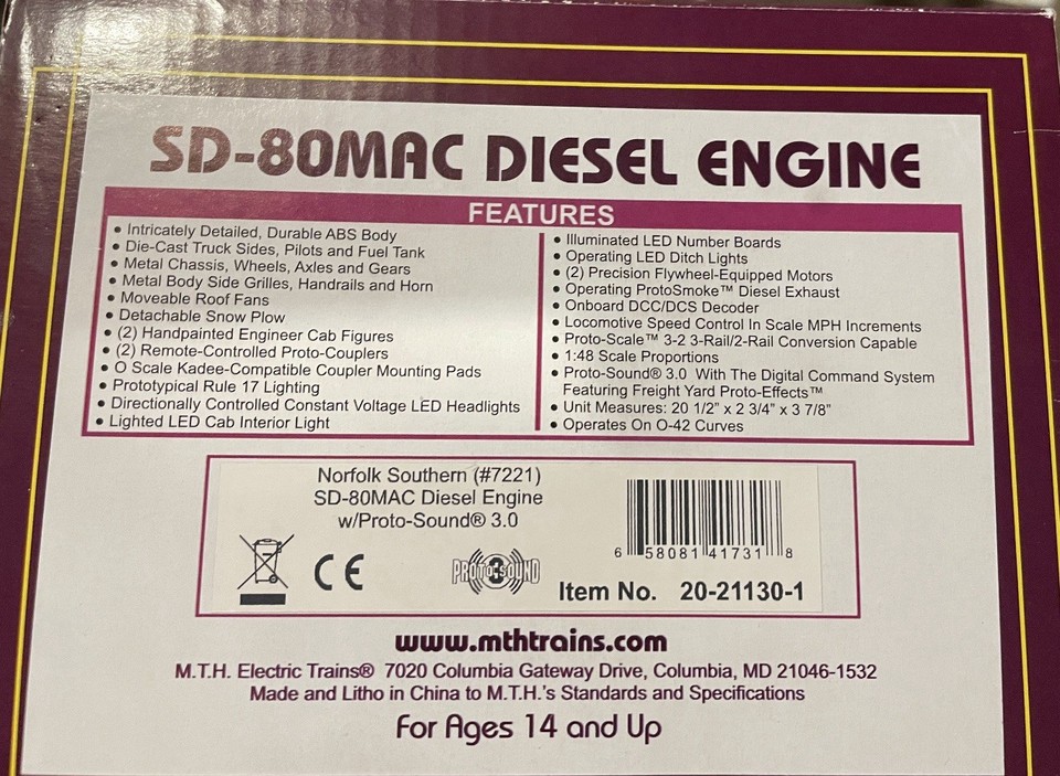 MTH PREMIER NORFOLK SOUTHERN SD-80MAC DIESEL ENGINE PS3! 20-21130-1 O ...