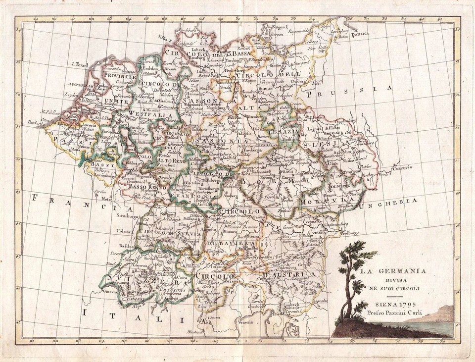 Deutschland Germany Karte map carte engraving Kupferstich Pazzini 1795 ...