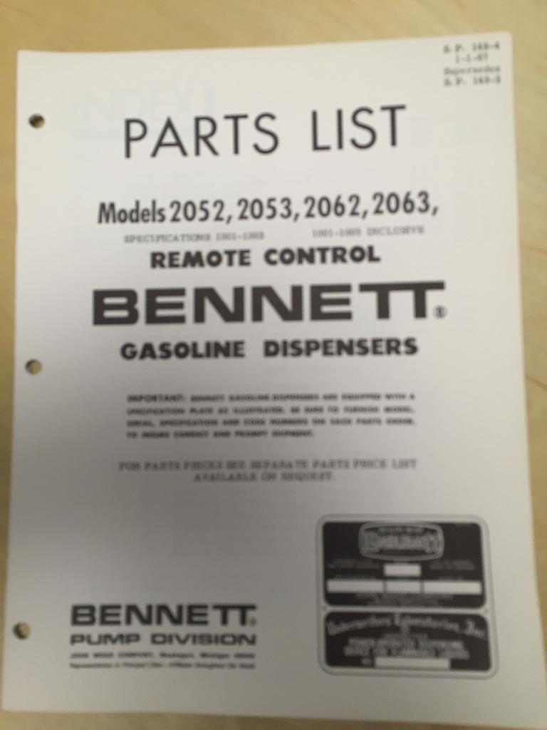 Bennett Parts Catalog Manual ~ Models 2052 2053 2062 2063 Gas Pumps ...