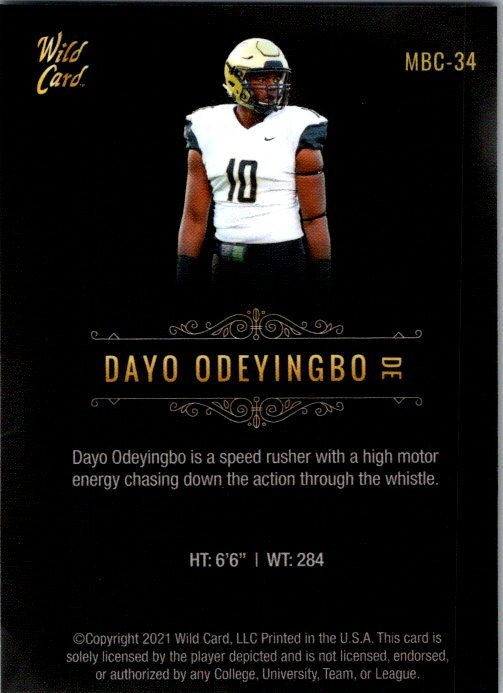 DAYO ODEYINGBO 2021 Wild Card Matte Premier Black Indianapolis Colts RC ...