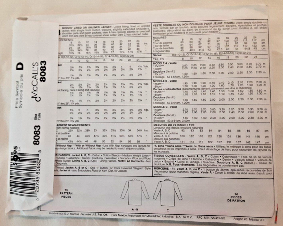 Vintage OOP McCall's Pattern 8083 Misses' Jacket Sewing Craft Project H ...