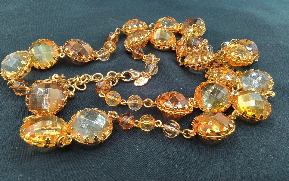 32" JOAN RIVERS DESIGNER SIGNED VINTAGE NECKLACE AMBER COLOR LUCITE ...