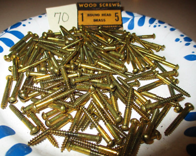 70--VINTAGE SOLID BRASS WOOD SCREWS WITH ROUND SLOTTED HEADS, 1" LONG X ...
