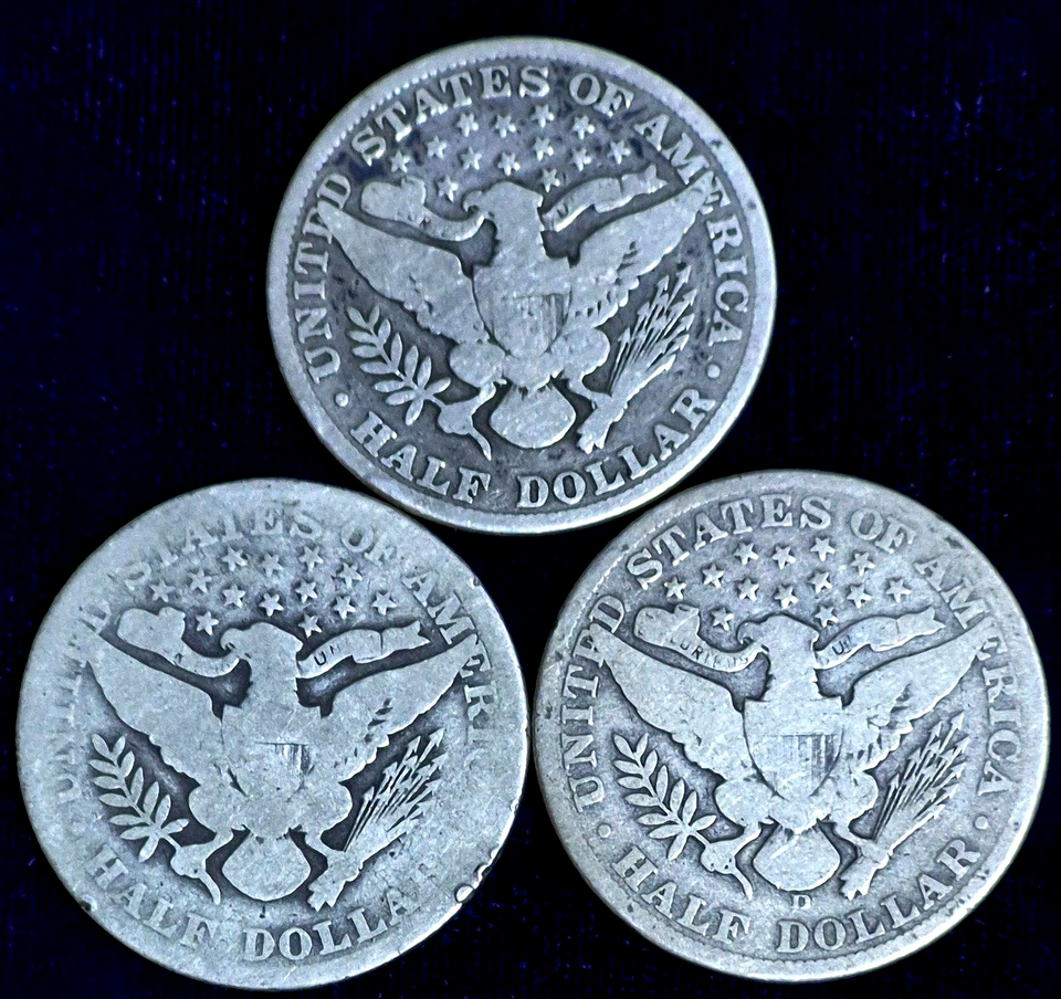 Lot of (3) Barber Half Dollar 90% Silver Coins, 1900, 1907, 1908D G-VG ...