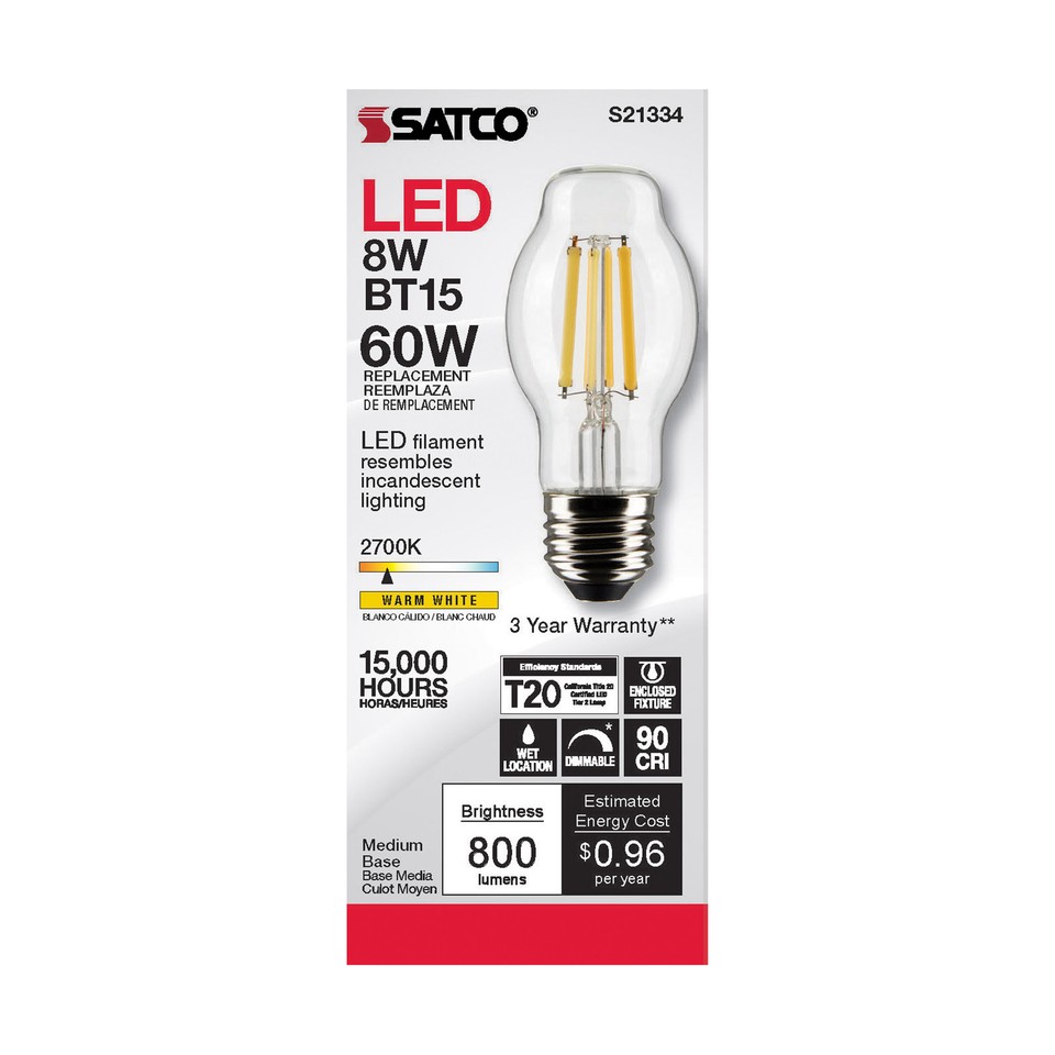 6 Pack Satco S21334 LED Filament 120V 8W BT15 Medium E26 Clear 2700K ...
