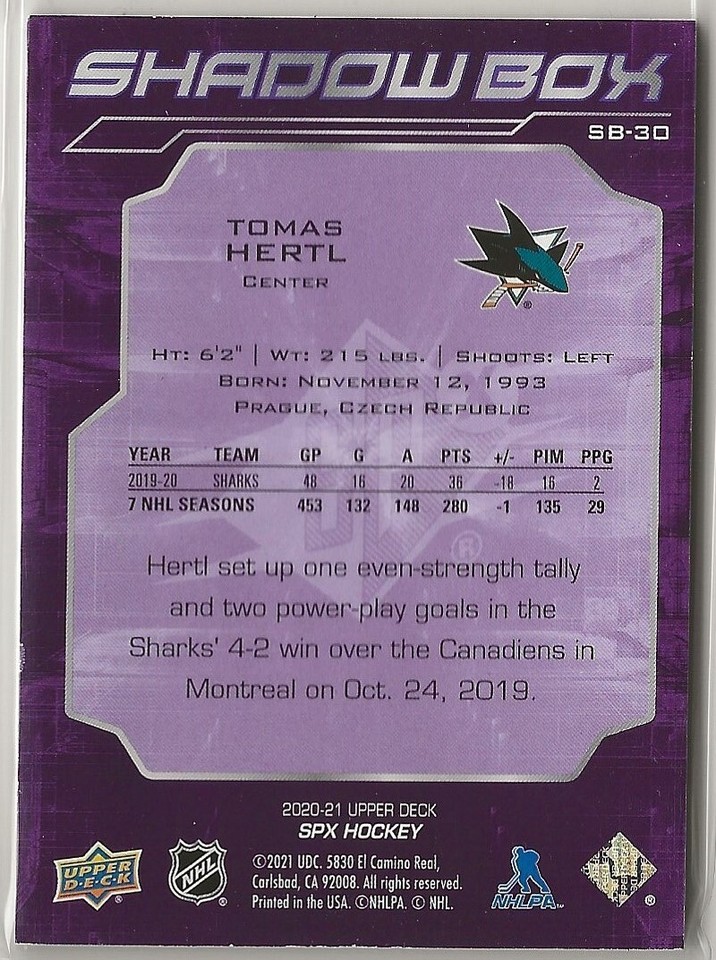 2020 2020-21 SPx Shadow Box #SB30 Tomas Hertl San Jose Sharks Upper ...