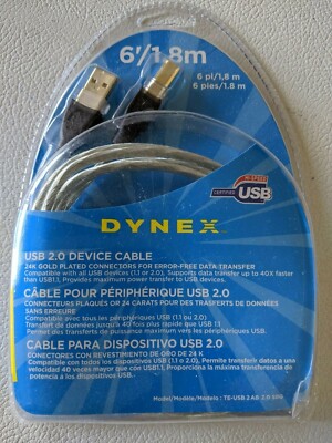 Dynex USB 2.0. A-B DEVICE CABLE 6 FEET 1.8 m NEW SEALED TE-USB 2AB 2.0 ...