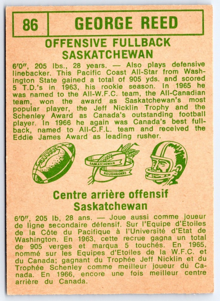GEORGE REED 1968 O-PEE-CHEE CFL FOOTBALL #86 EX 75087 | eBay