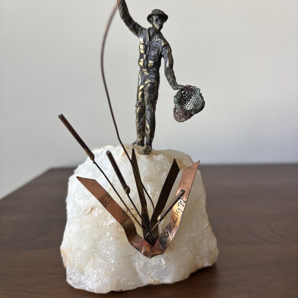Curtis C. Jere Bronze Fishing Sculpture Quartz Mid Century Brutalist ...