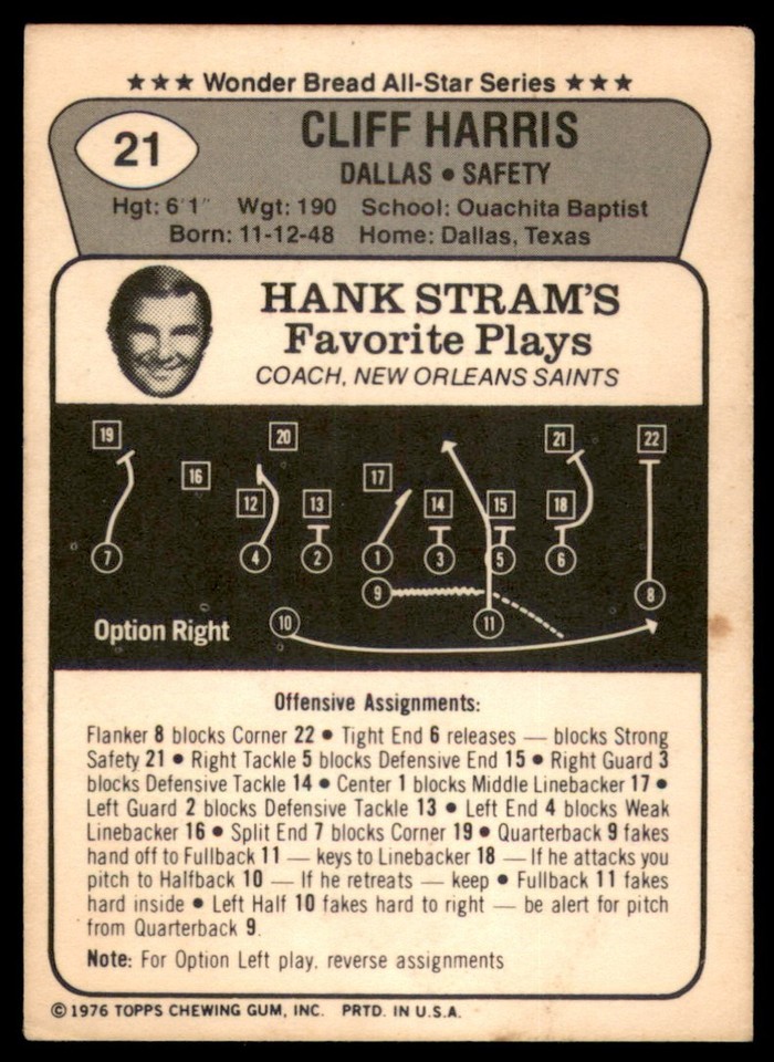 1976 Wonder Bread Cliff Harris Dallas Cowboys #21 VG/EX | eBay