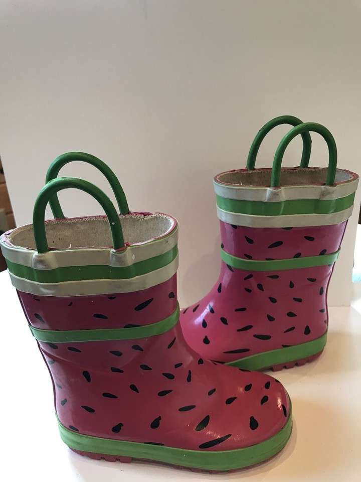 7/8 Girls Rain Boots Watermelon Pink Green Pull on Galoshes Waterproof ...