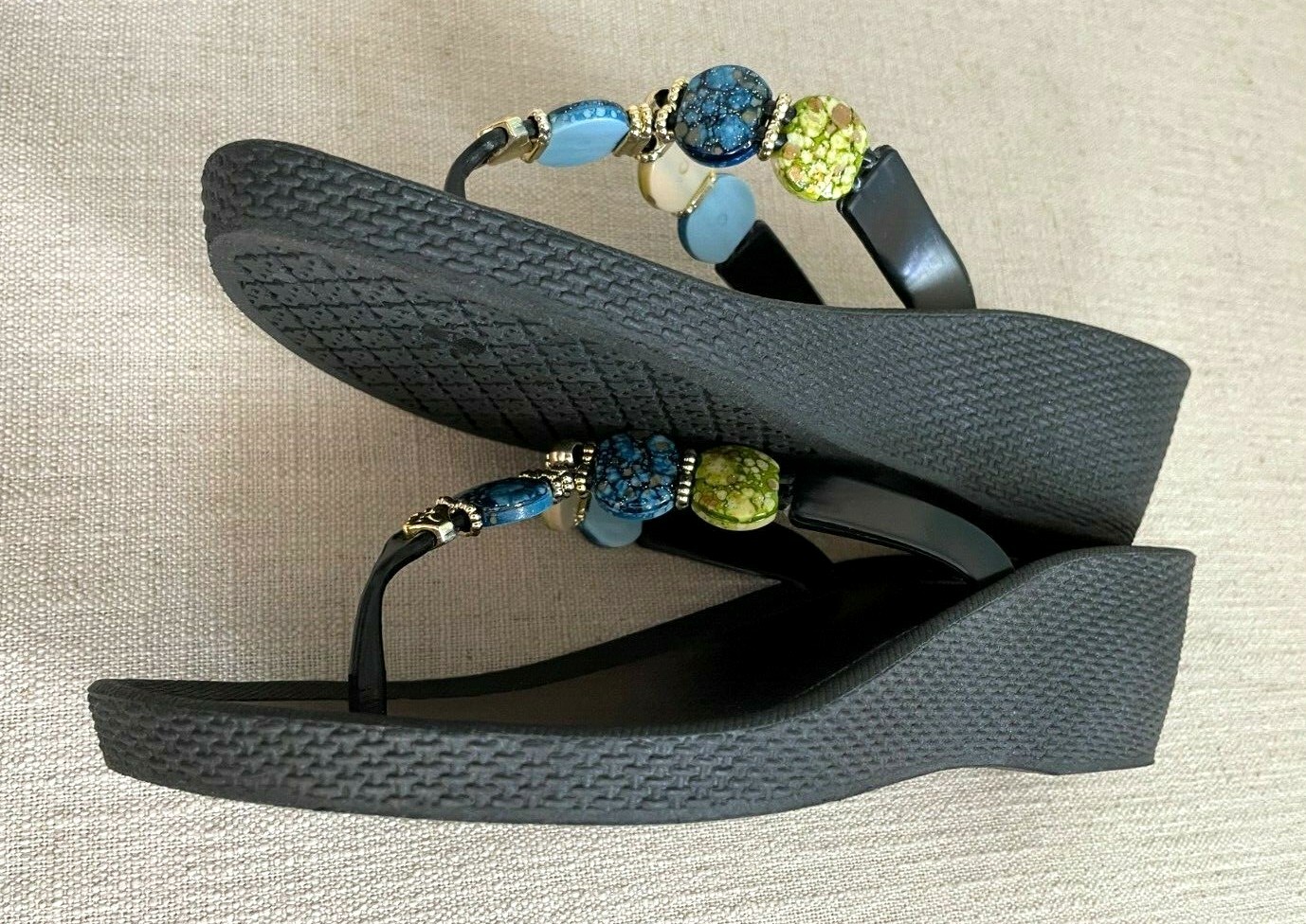 GRANDCO JEWEL BEADED WEDGE SANDALS BLUE GREEN GOLD … - Gem