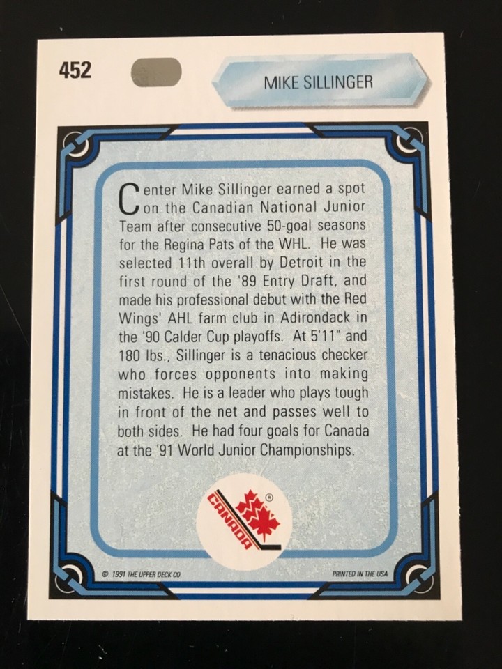 1990-91 Upper Deck Mike Sillinger RC #452 MINT World Juniors Team ...