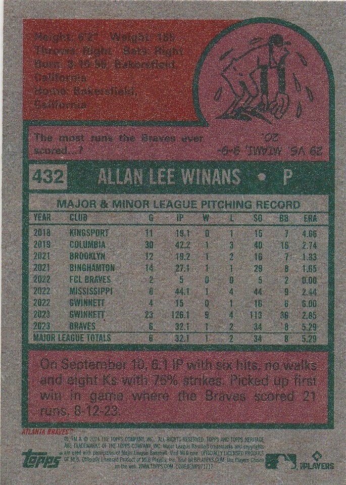 #432 ALLAN WINANS 2024 Topps Heritage Baseball RC ATLANTA BRAVES | eBay