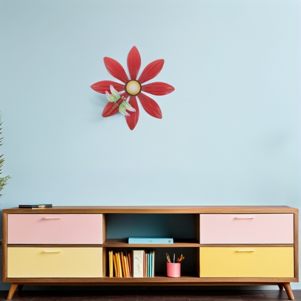 Metal Flower Wall Art, Hanging Wall Decor with Dragonfly & Buckle On ...