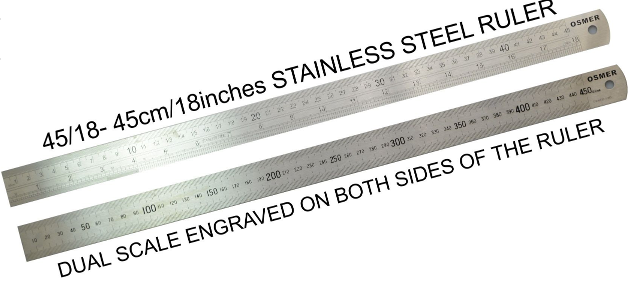 Osmer 45cm 450mm 18inch Dual Scale Stainless Steel Ruler engraved both ...