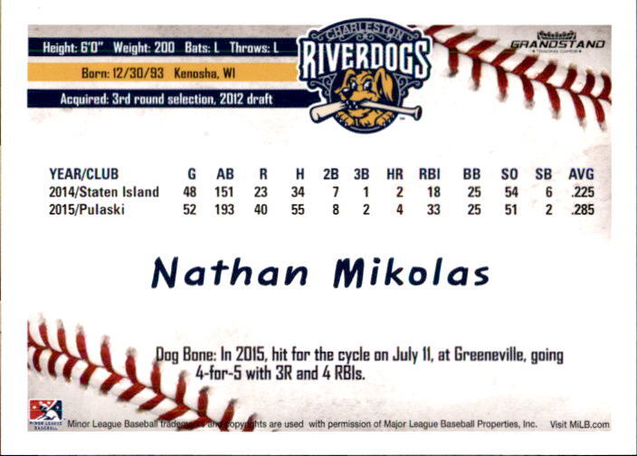 2016 Charleston RiverDogs Grandstand 23 Nathan Mikolas KEnosha ...